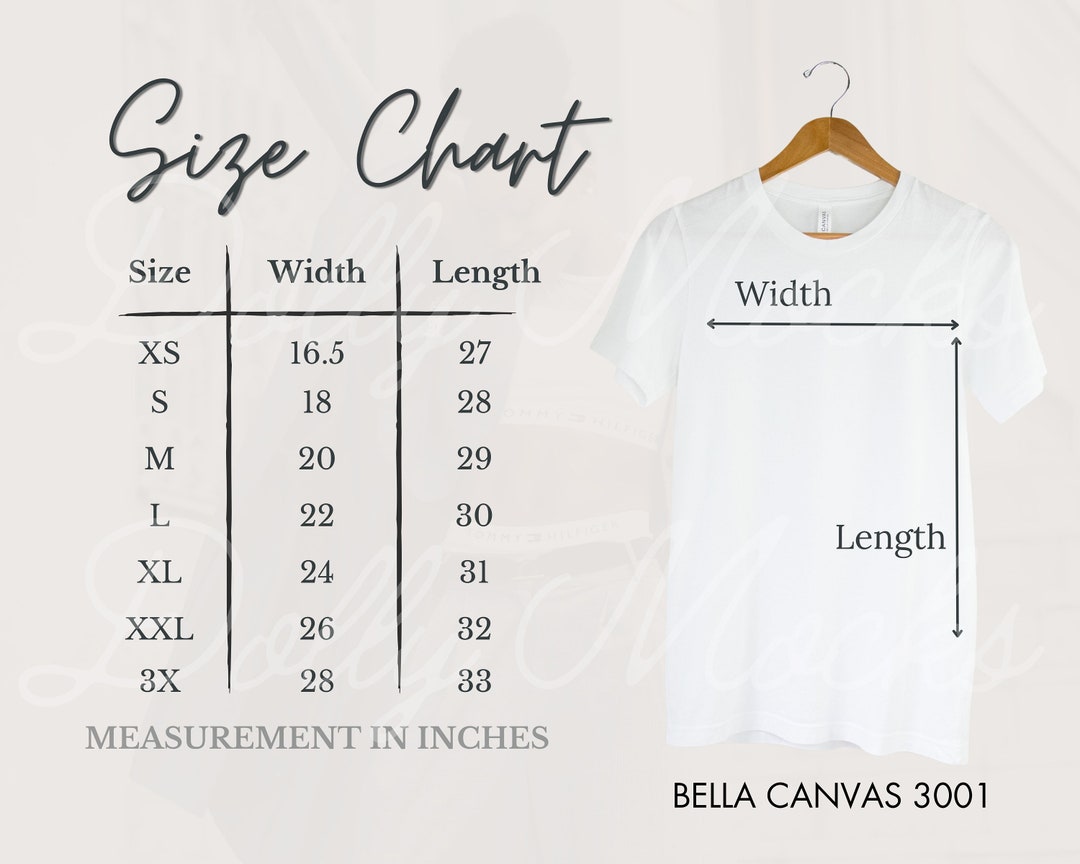 Bella Canvas Size Chart | Bella Canvas 3001 Size Chart | Bella Canvas ...