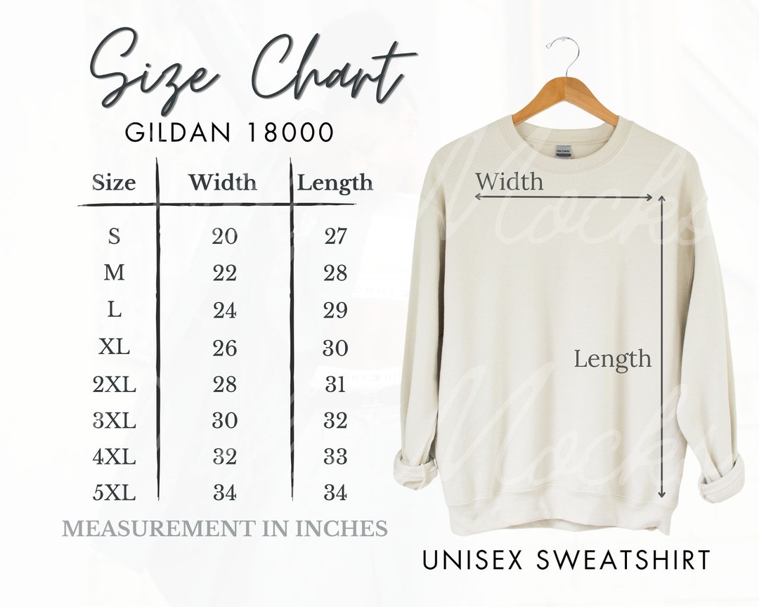 Gildan 18000 Size Chart | Hanging Size Chart for Gildan | Gildan 1800 ...