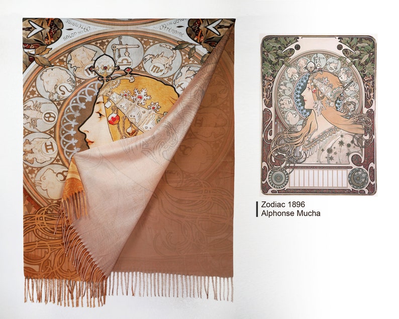 Alfons Mucha Zodiac Girl Fine Art Fringe Shawl Golden Brown Gradient ...