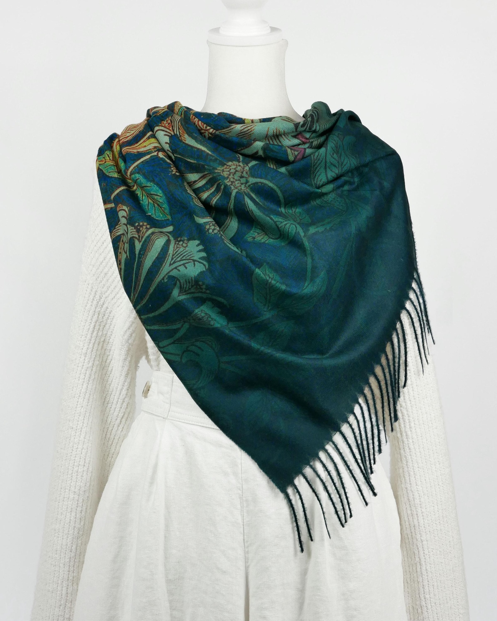 Pine Green Honeysuckle Floral Winter Shawl Reversible Gradient Cashmere ...