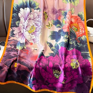 Brick Red Golden Lotus Floral Printed Silky Chiffon Summer Scarf Beach ...