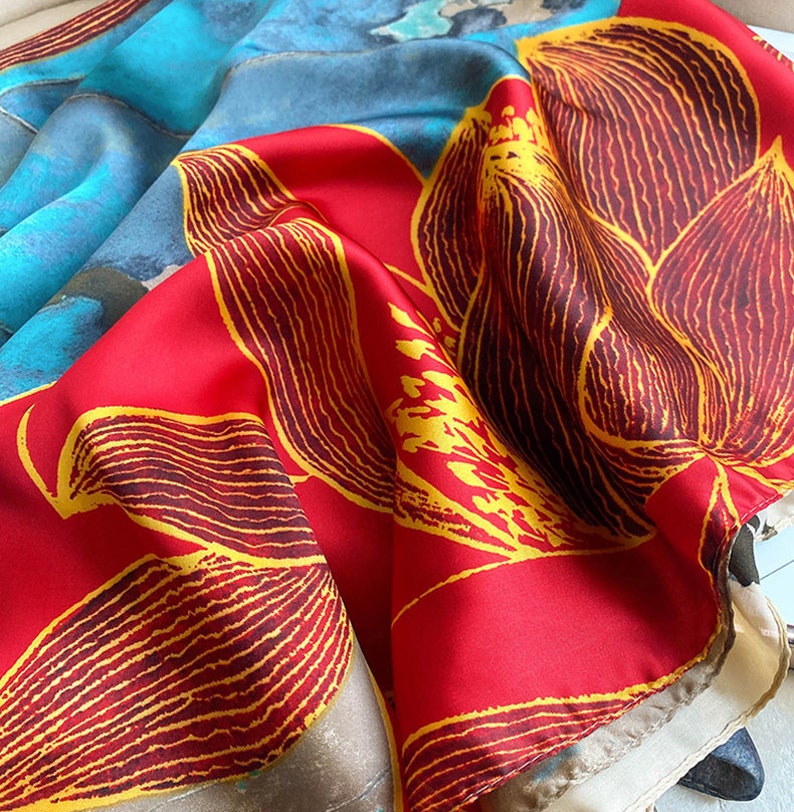 Brick Red Golden Lotus Floral Printed Silky Chiffon Summer - Etsy