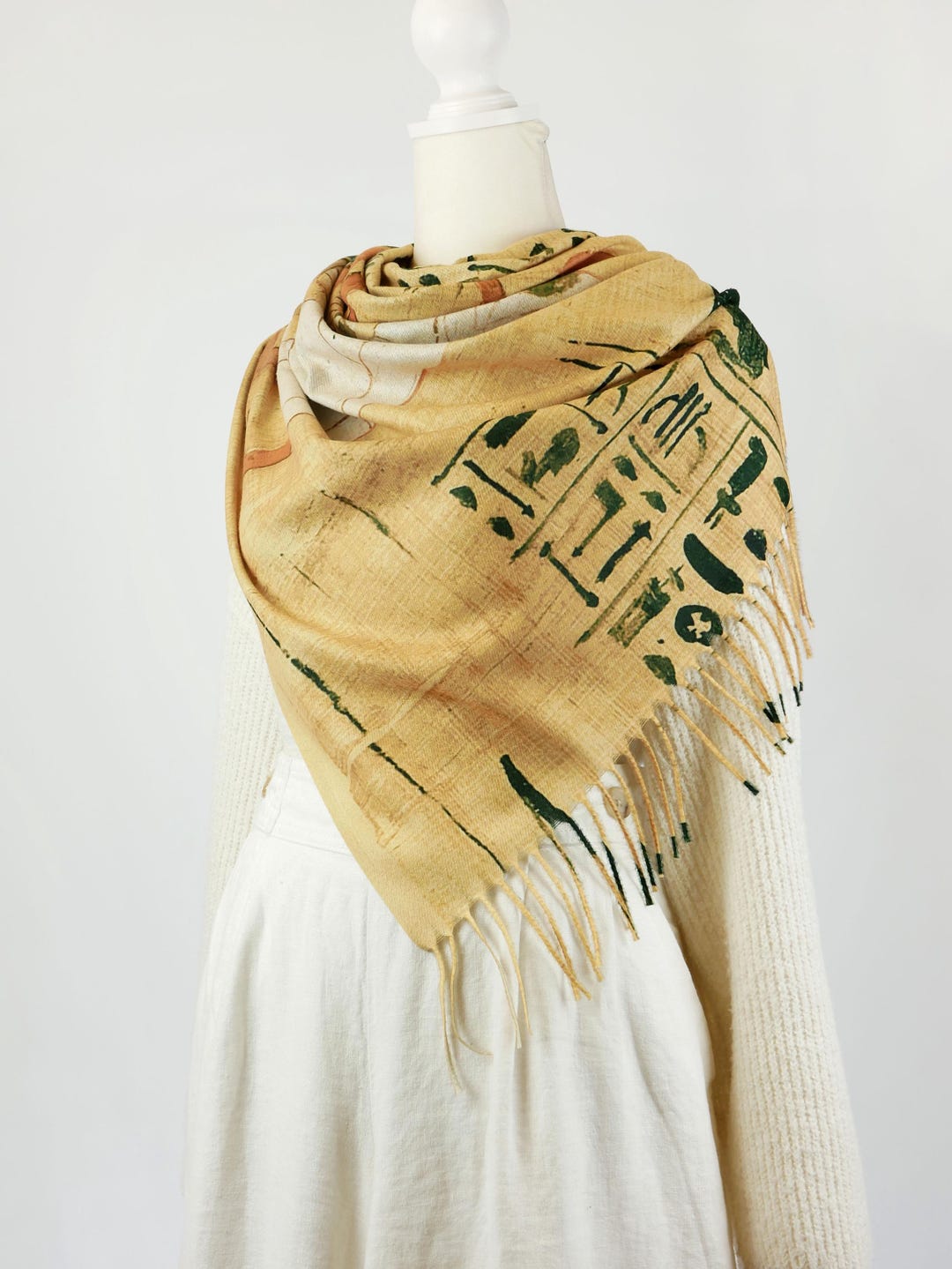 Greenish Gold Winter Scarf Reversible Fringe Shawl - Ancient Egyptian ...