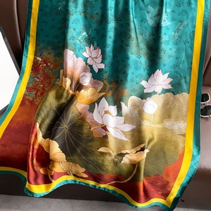 Brick Red Golden Lotus Floral Printed Silky Chiffon Summer Scarf Beach ...