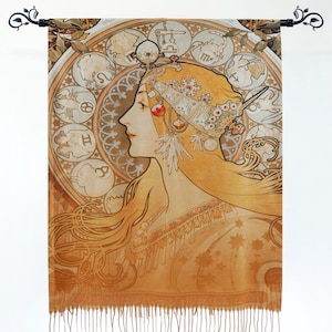 Alfons Mucha Zodiac Girl Fine Art Fringe Shawl Golden Brown Gradient ...