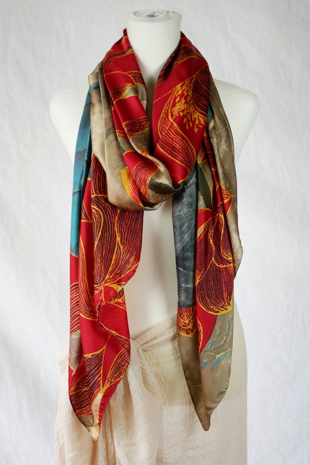 Brick Red Golden Lotus Floral Printed Silky Chiffon Summer Scarf Beach ...