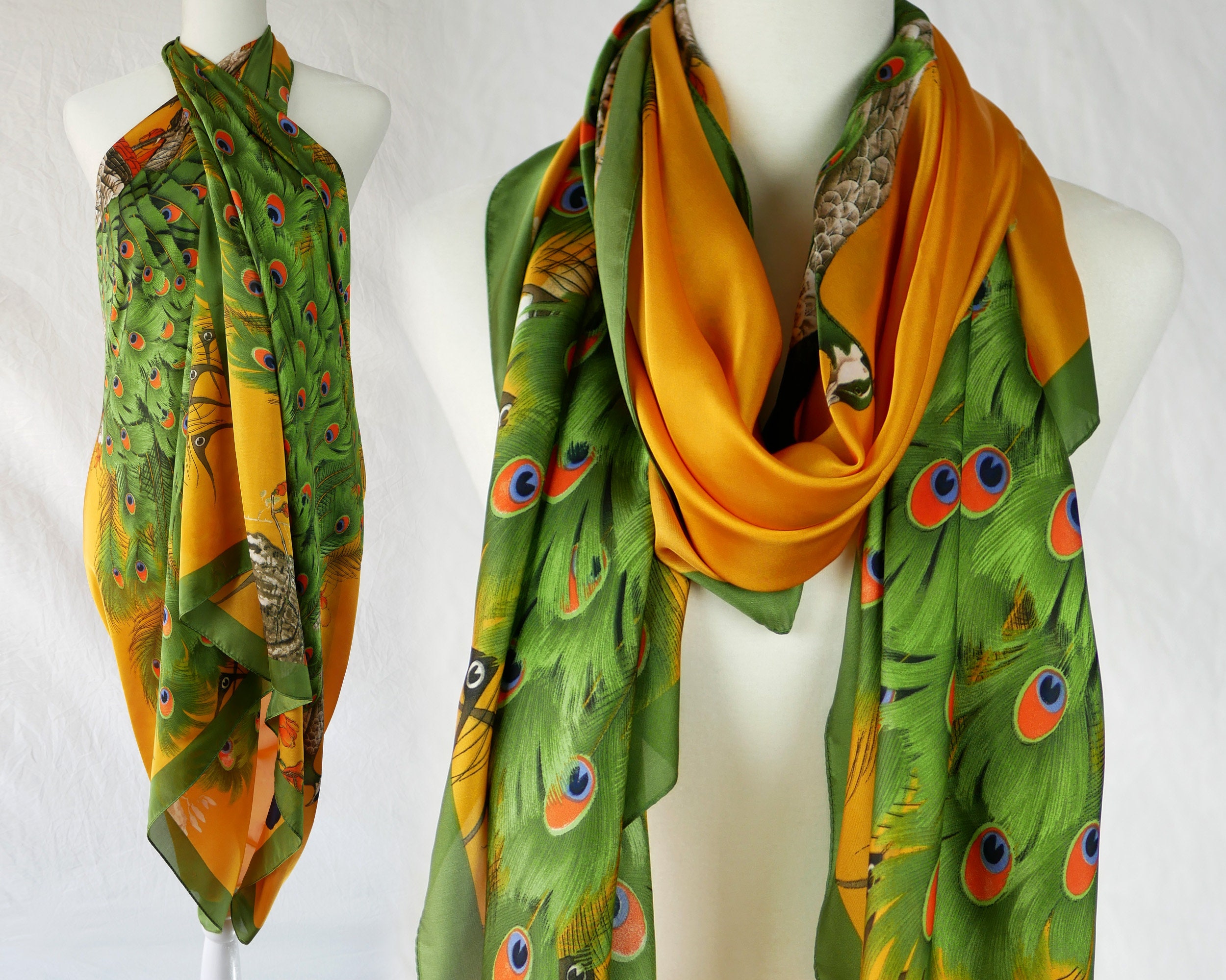 Green Peacock Golden Yellow Silky Summer Scarves Asian Art - Etsy
