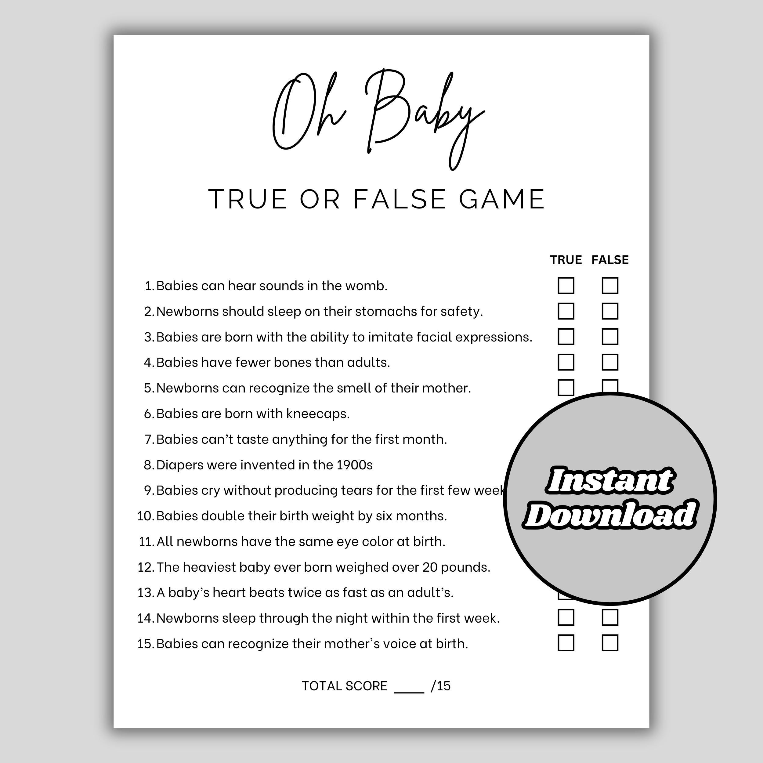 Baby Shower True or False Game | Printable Baby Shower Games | Baby ...