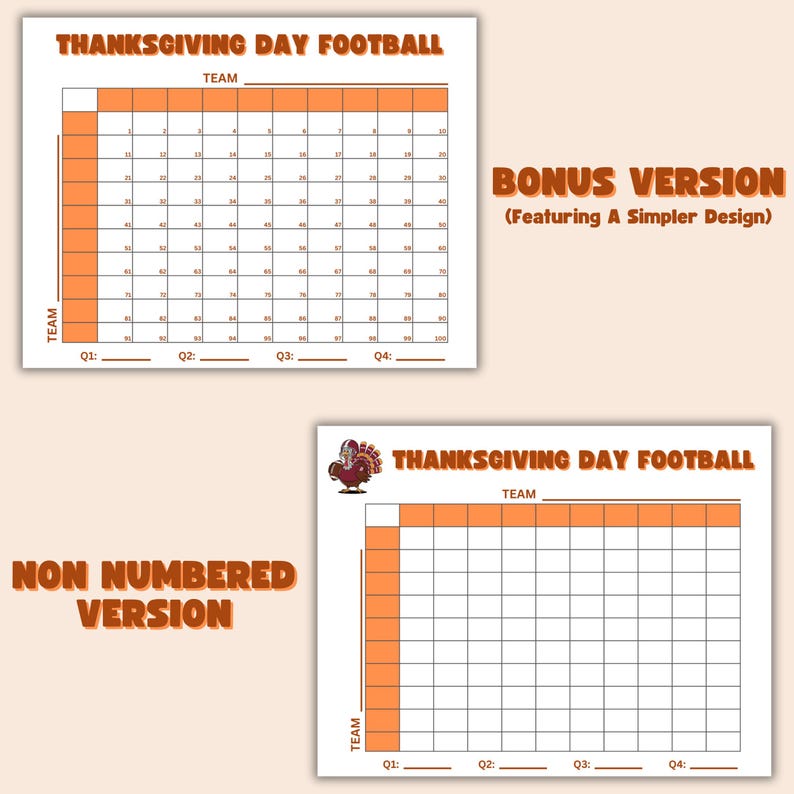 Thanksgiving Day Football Squares | Football Pool |football Squares ...