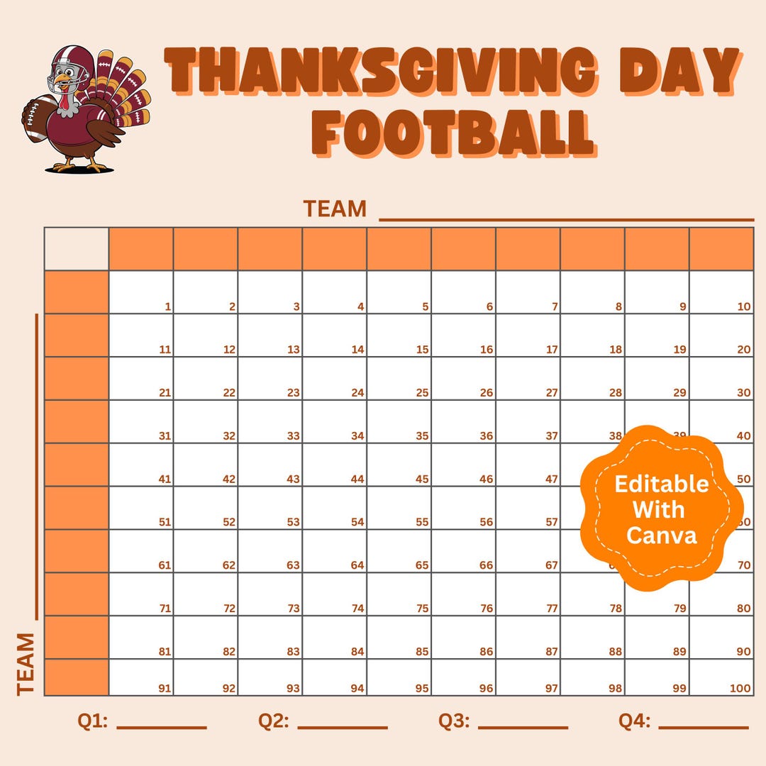 Thanksgiving Day Football Squares | Football Pool |football Squares ...
