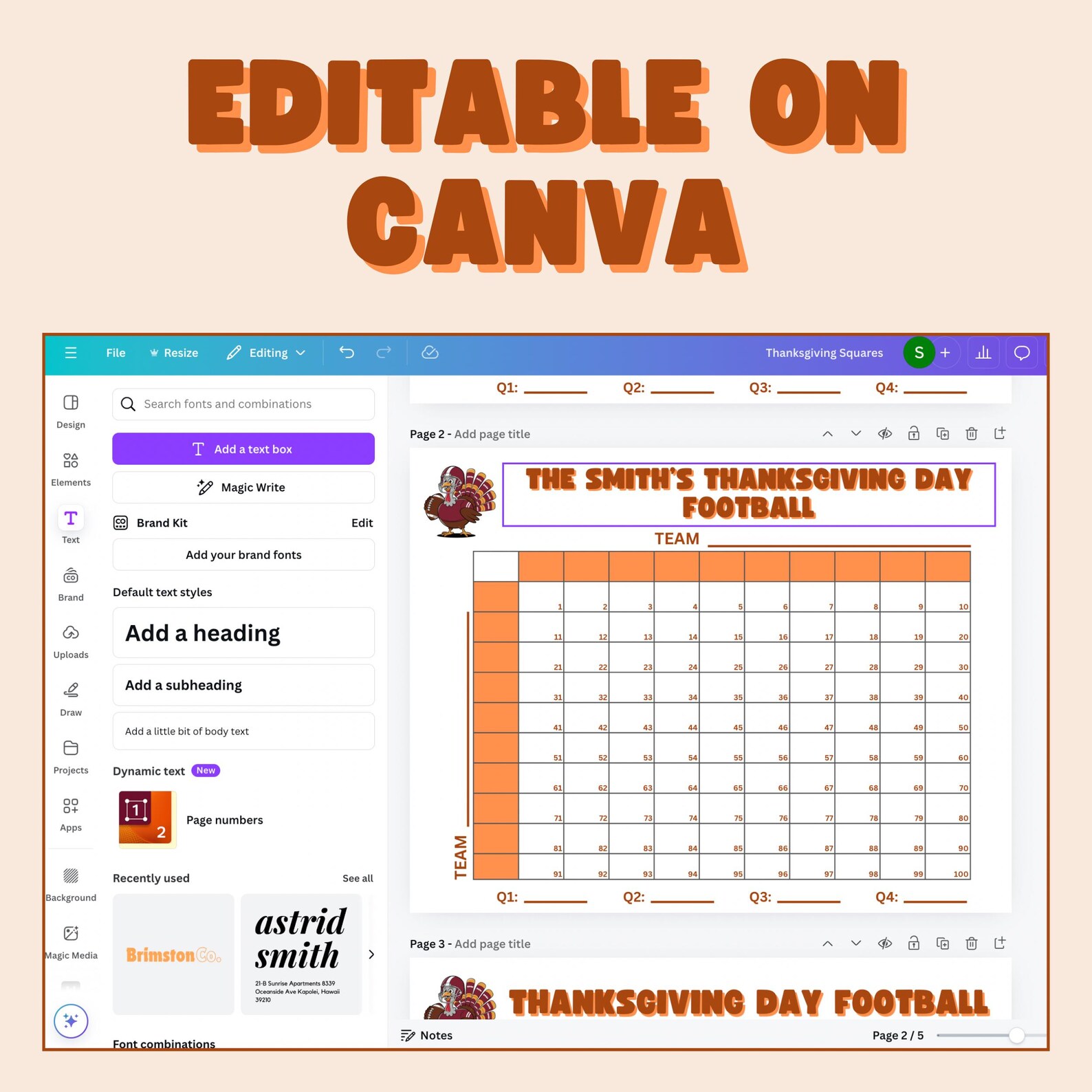 Thanksgiving Day Football Squares | Football Pool |football Squares ...