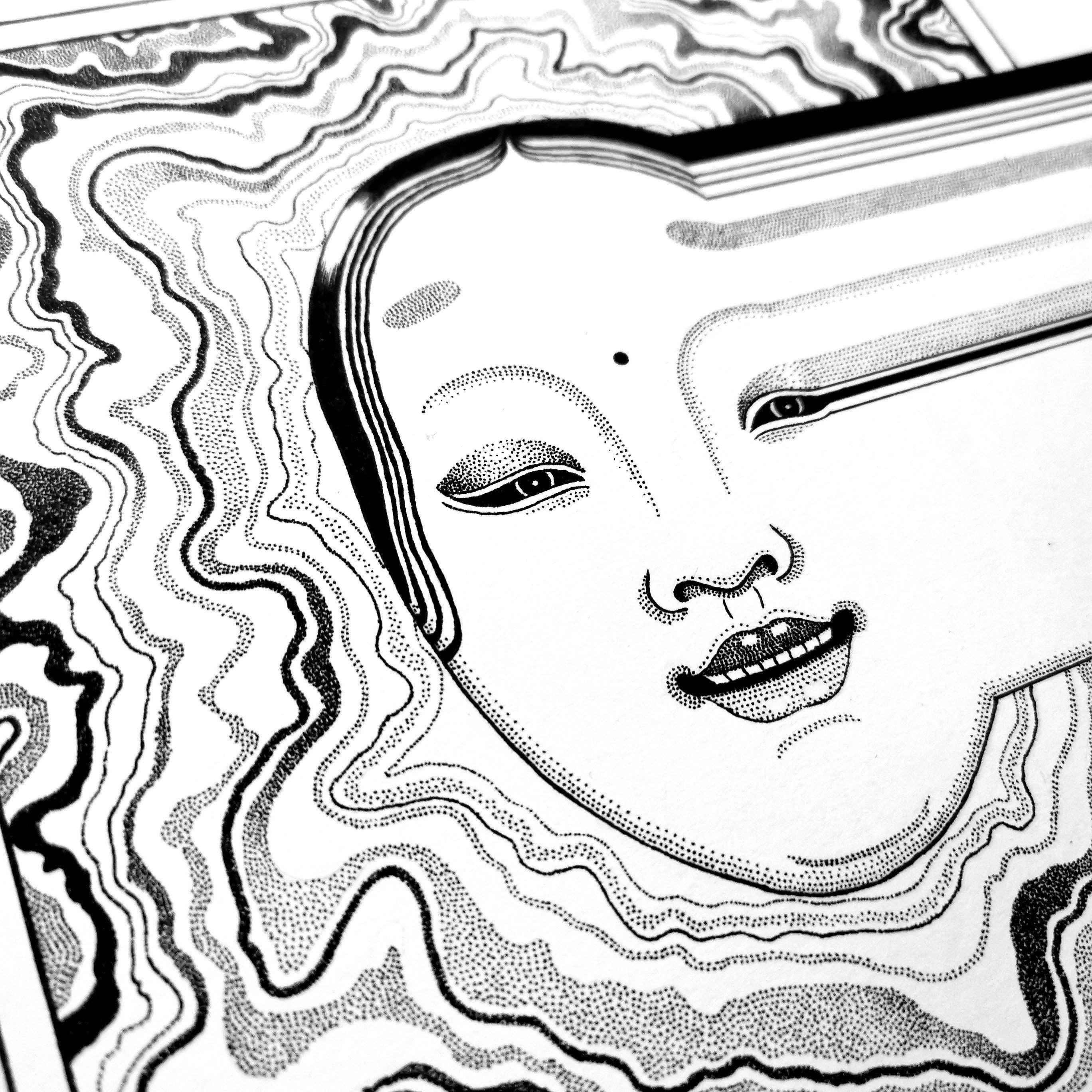 Noh Mask X Suminagashi 2. Original Ink Drawing - Etsy