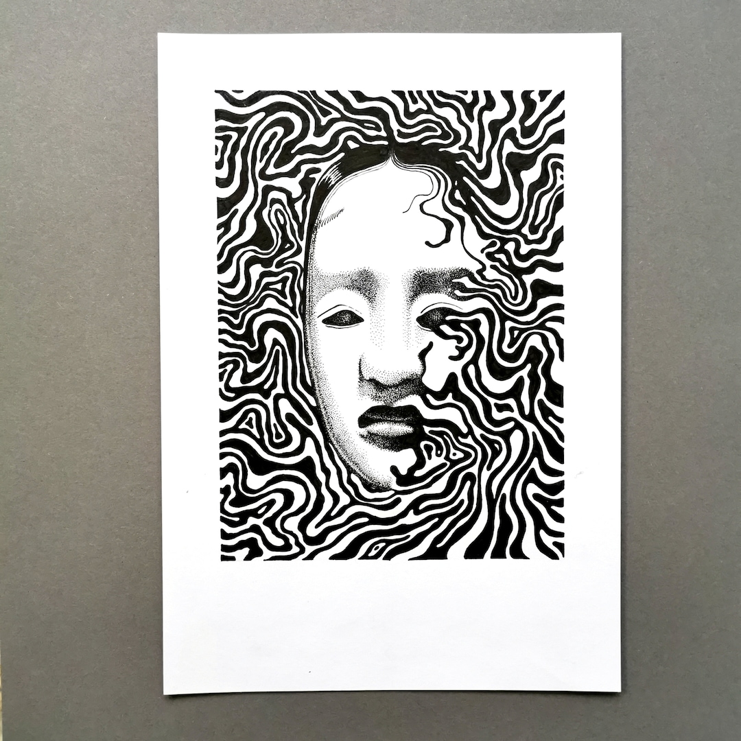 Noh Mask X Suminagashi. Original Ink Drawing Unique - Etsy