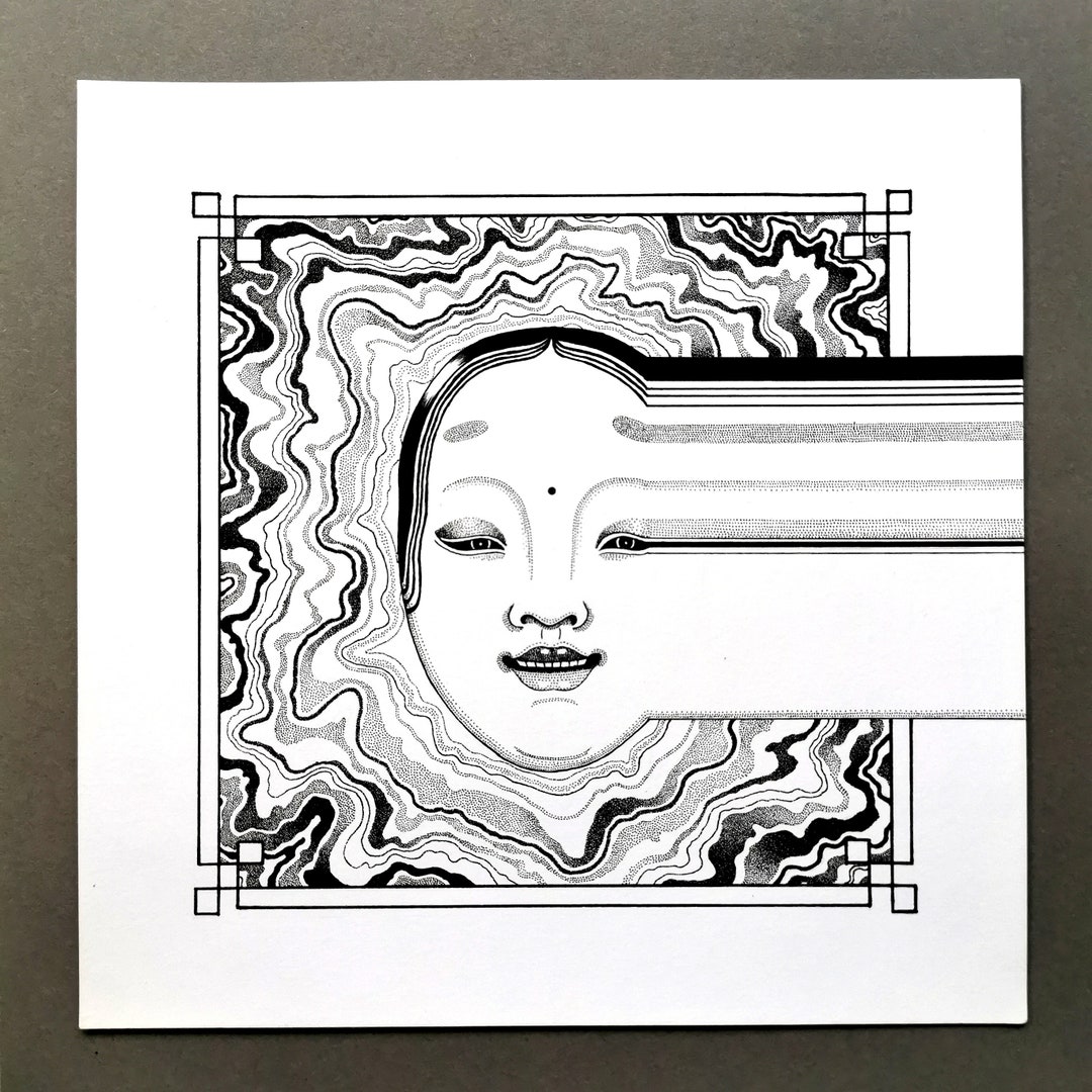 Noh Mask X Suminagashi 2. Original Ink Drawing - Etsy