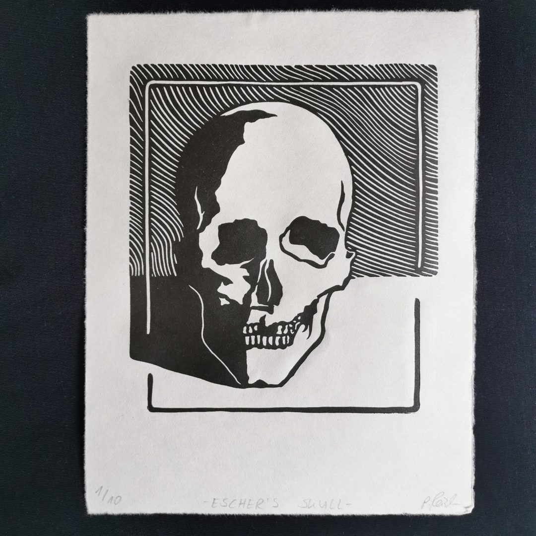 M.C. Escher Skull. Linocut Printed by Hand, Limited Edition, Hand ...