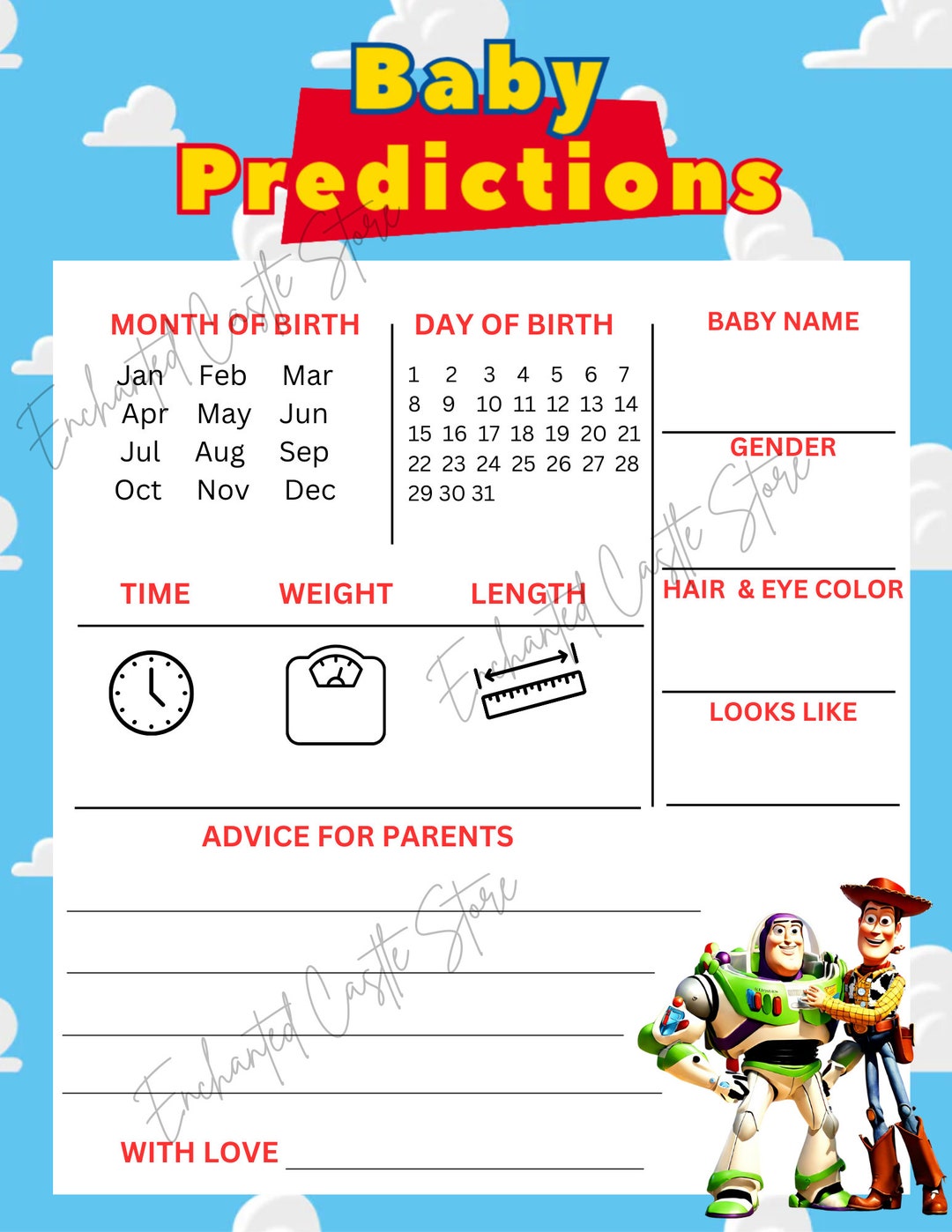 Baby Predictions | It's a Boy Story | Toy Story Baby Shower Game ...