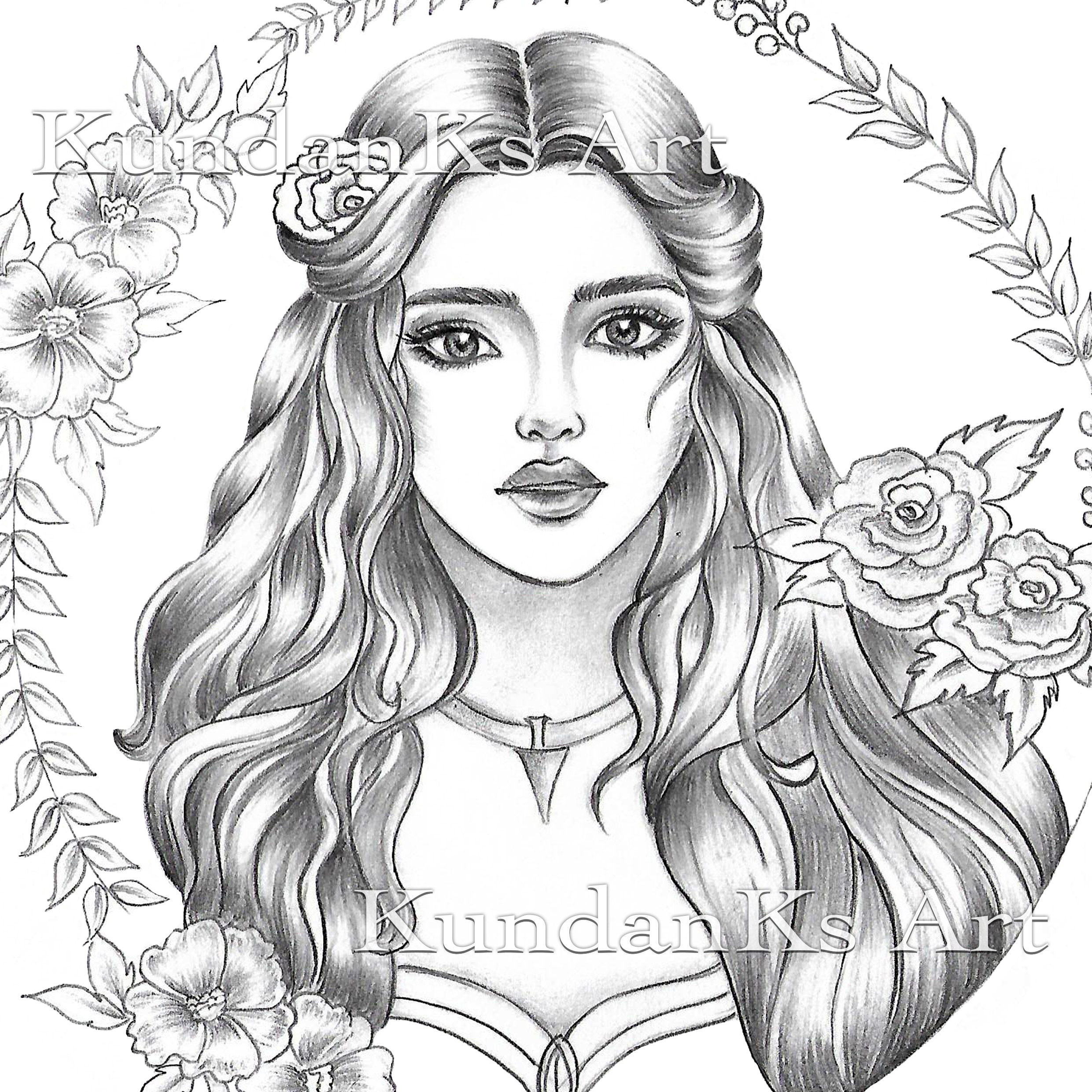 Adult Coloring Page Fantasy Girl Bird Portrait