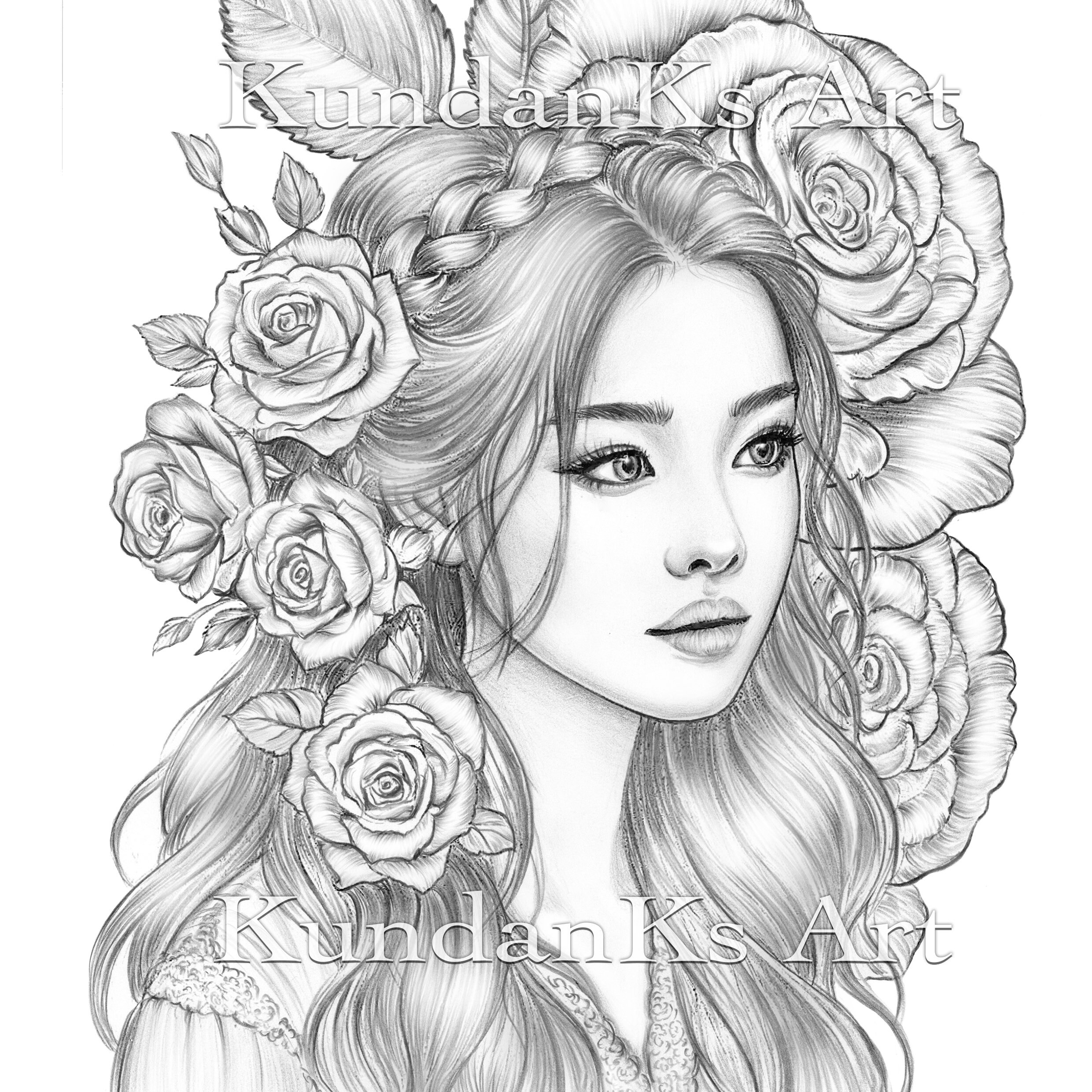 Hana Adult Coloring Page Portrait Coloring Grayscale Coloring instant ...