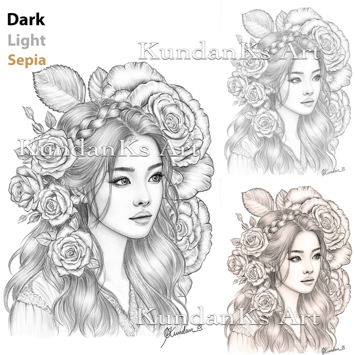 Hana| Adult Coloring Page| Portrait Coloring | Grayscale Coloring ...
