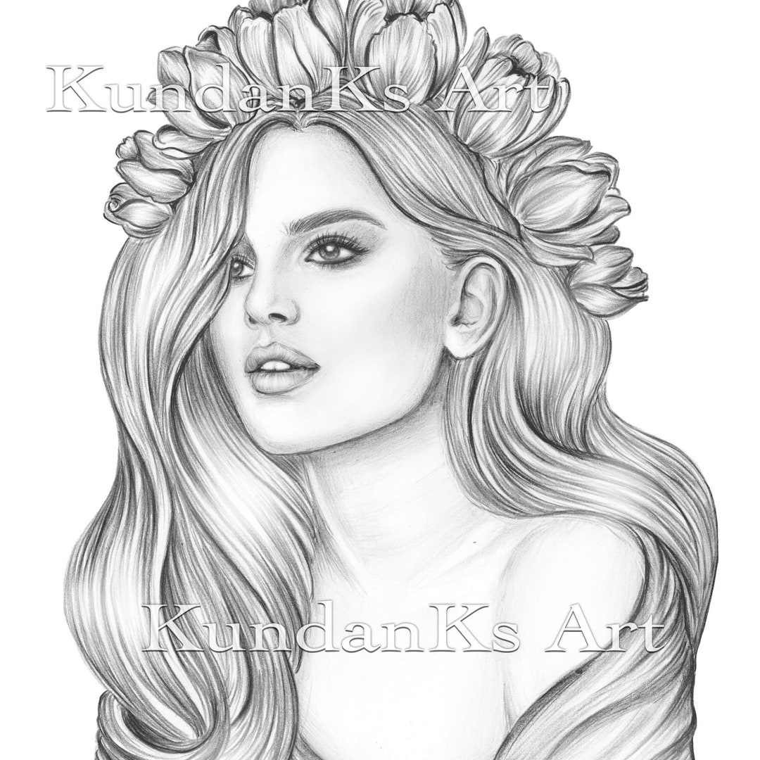 Tulip Adult Coloring Page Portrait Coloring Grayscale Coloring instant ...