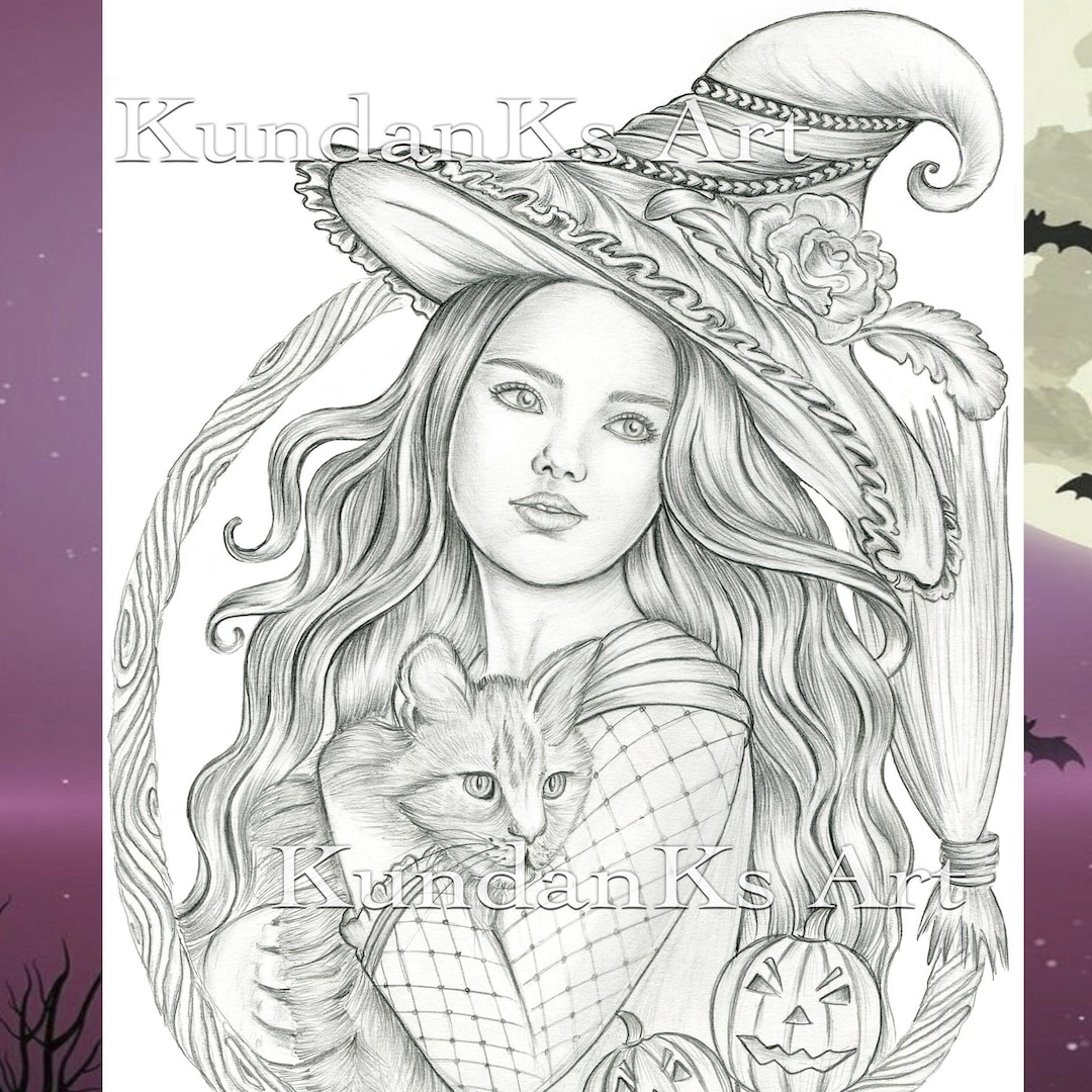 Cute Witch | Adult Coloring Pages | Premium Coloring Pages | Grayscale ...