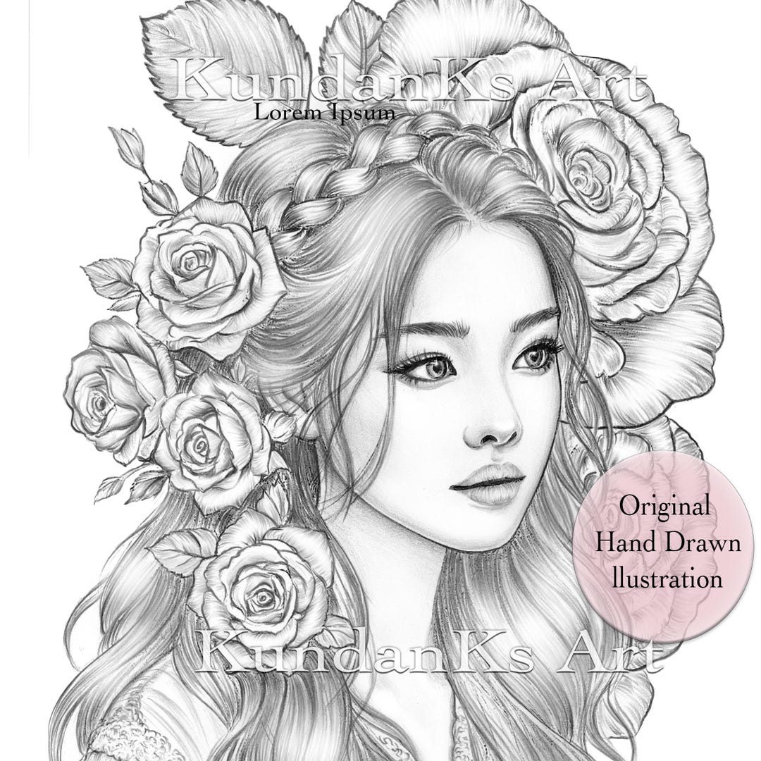 Hana| Adult Coloring Page| Portrait Coloring | Grayscale Coloring ...