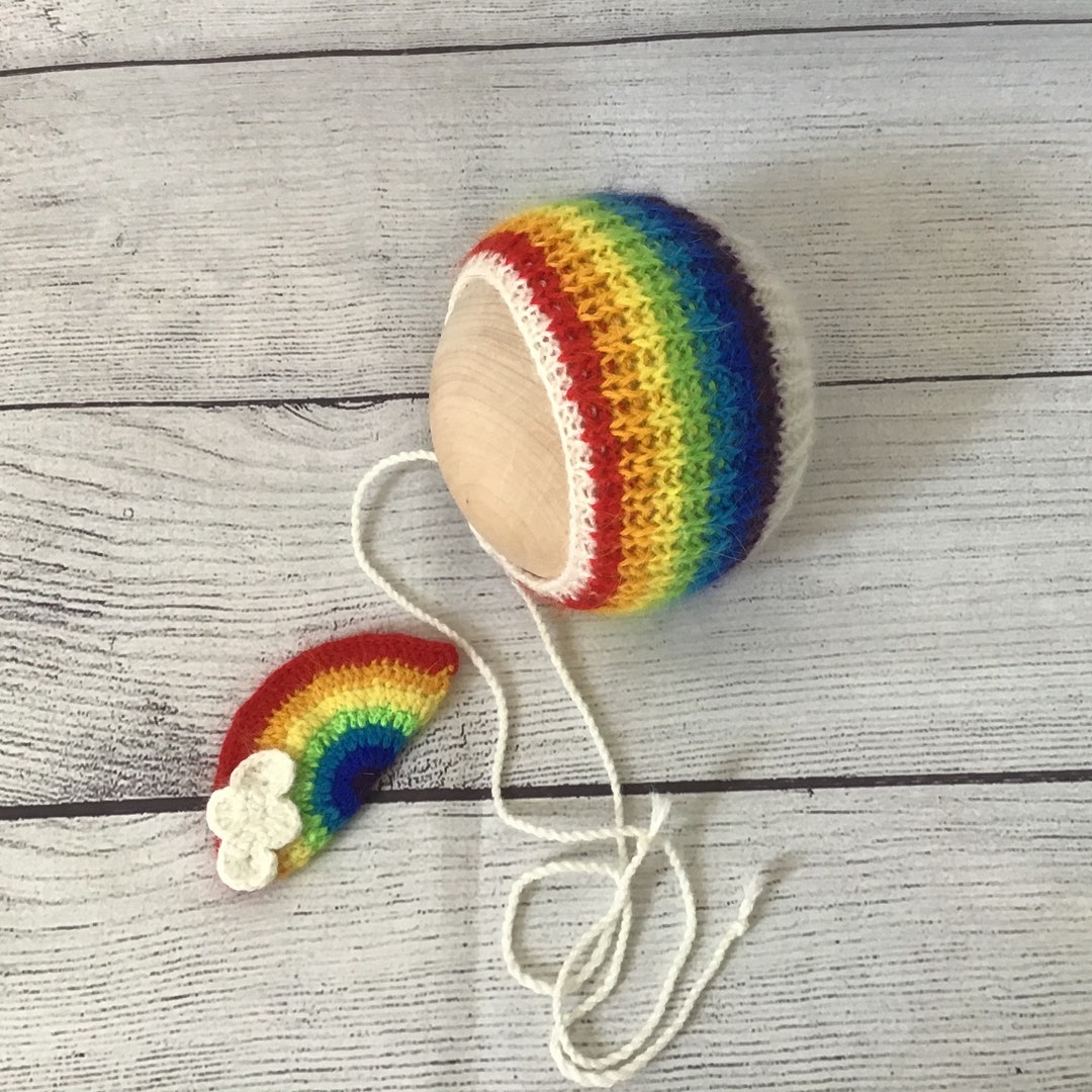 Newborn Rainbow Bonnet and Toy- Photo Prop- Angora Handmade Knit Bonnet ...