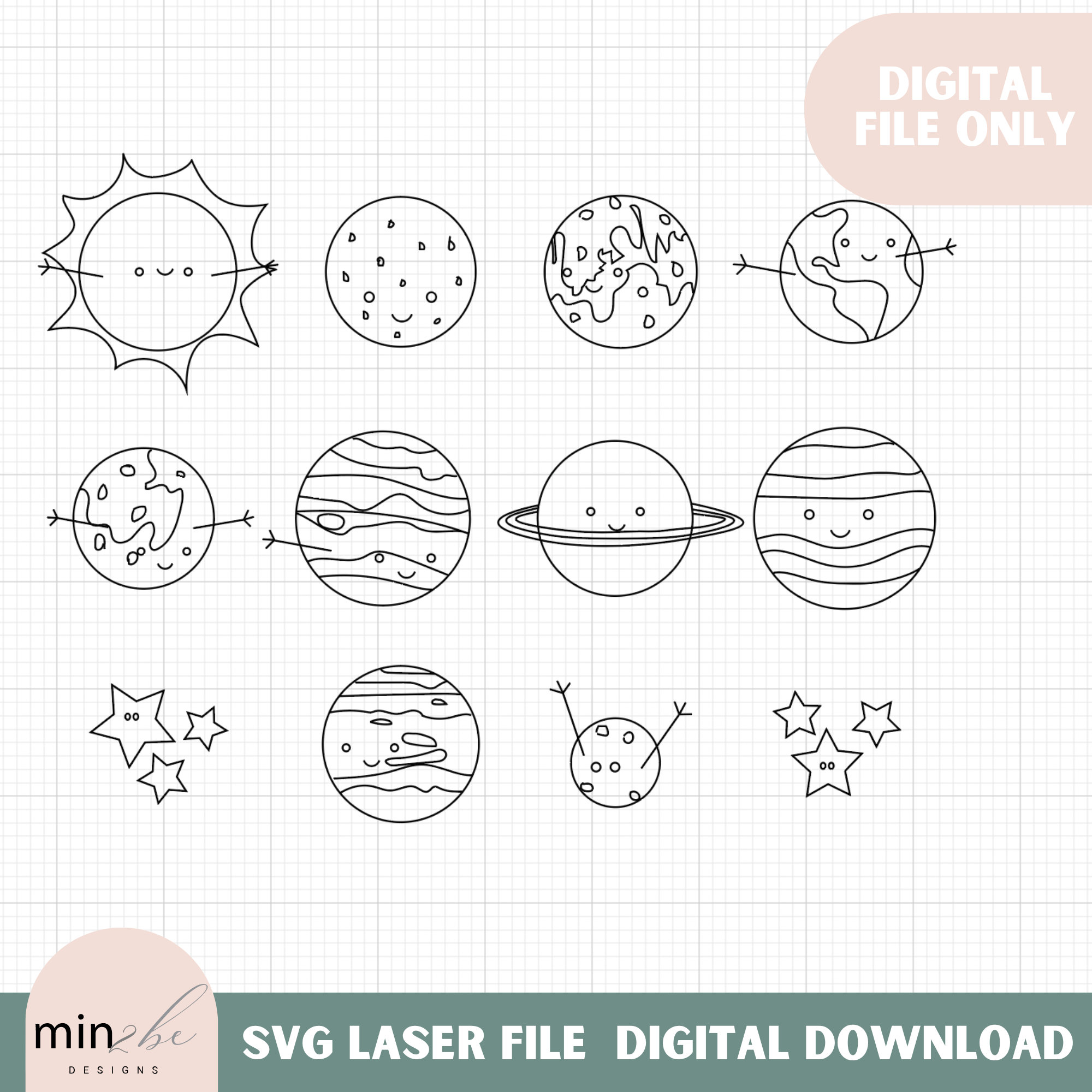 Planets Stars Sun Svg Laser Design, Single Line Score Drawing Cute ...