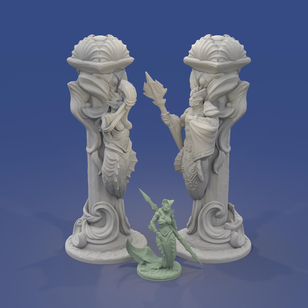 Miniature Merfolk Statues for D&D Underwater Terrain, Pathfinder 15mm ...