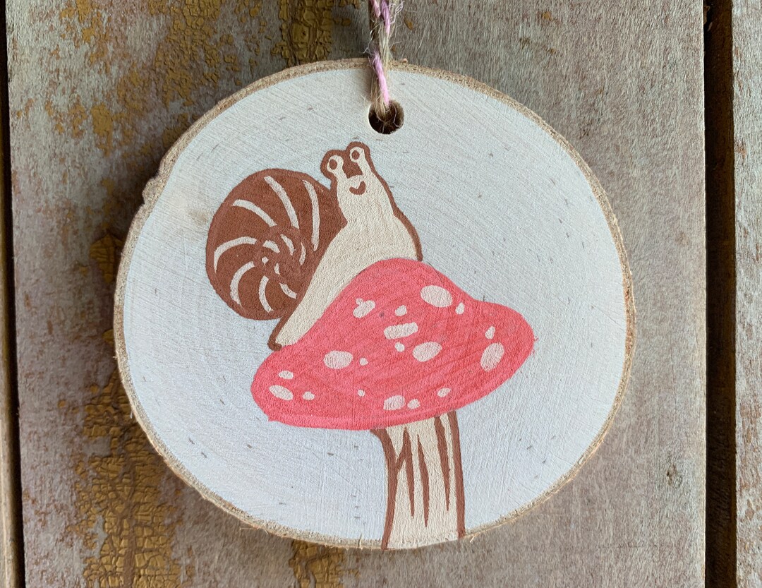 Snail on Mushroom Wood Slice Painting | Original Tiny Handmade Art ...