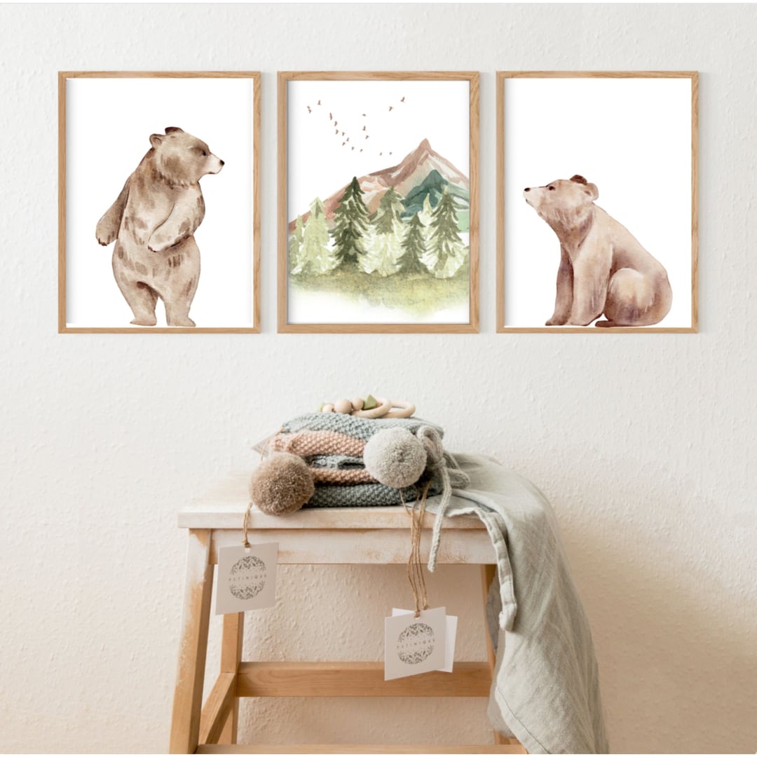 Woodland Nursery Wall Art Set of 3, Bear Wall Art, Forest Nursery ...