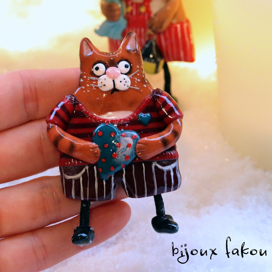 Broche gros matou amoureux, le chat est modelé en polymère, création ...