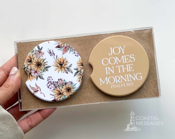Sunflower Car Coasters Set of 2, Joy Comes in the Morning, Psalm Bible ...