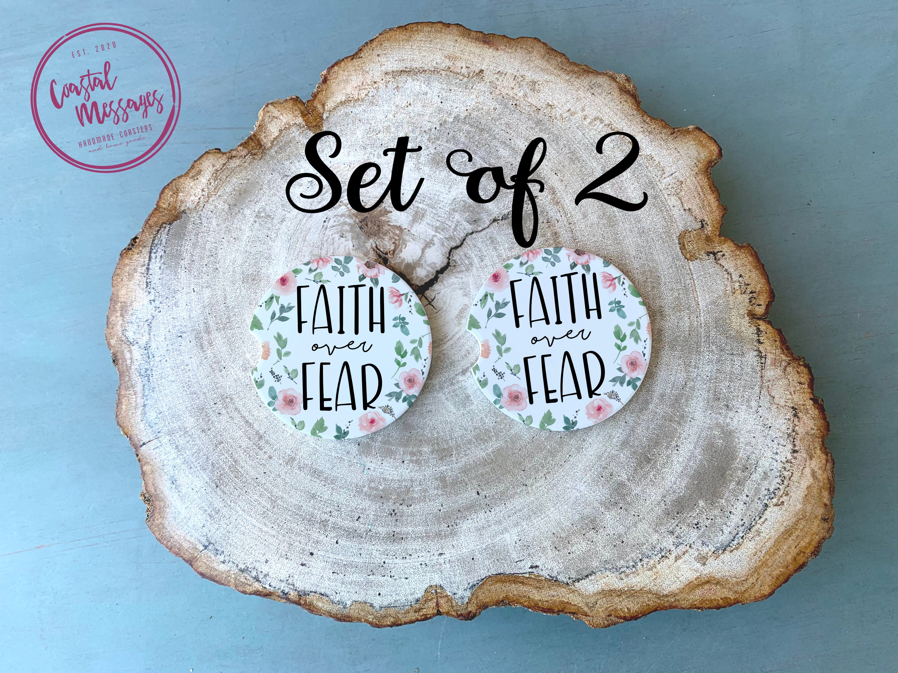 FAITH OVER FEAR Set of 2 car coasters Christian car coasters | Etsy