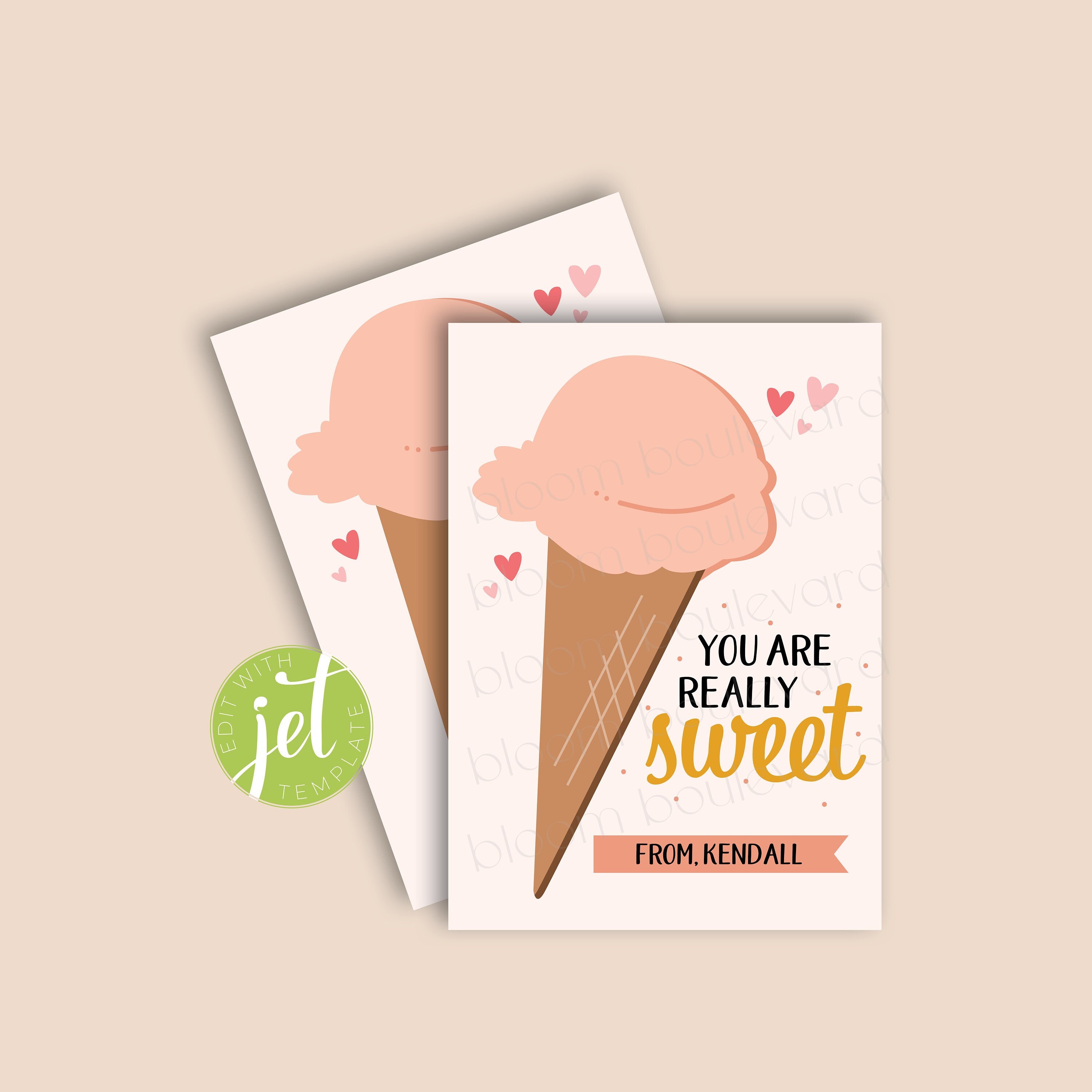 Pink Ice Cream Editable Valentine's Cards Kids Classroom Printable ...