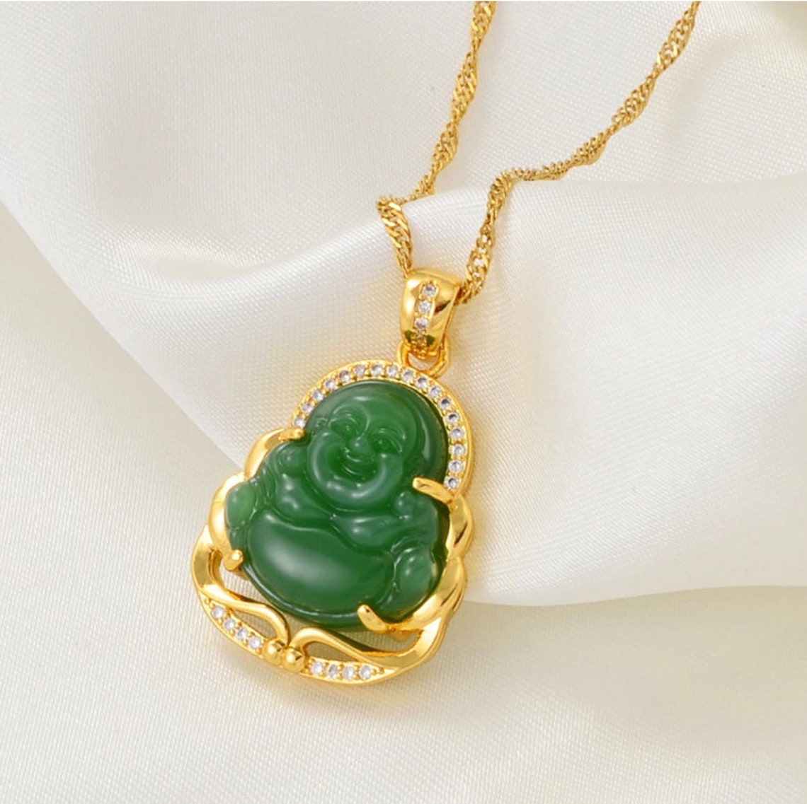 Jade Buddha Pendant Necklace 18k Gold Plated Chinese Style Etsy