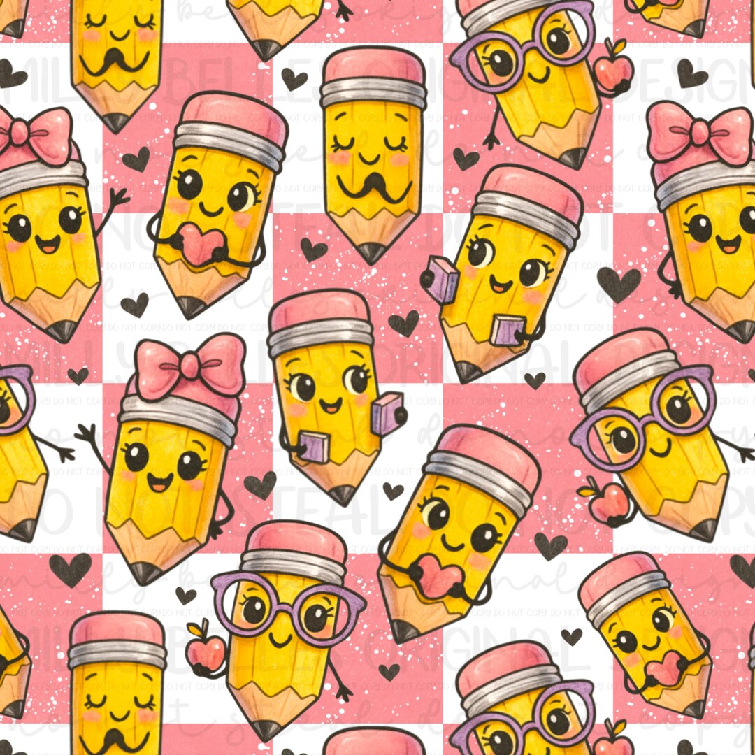 Cute Pencil First Day of School Pink Checkered Seamless *this is a ...