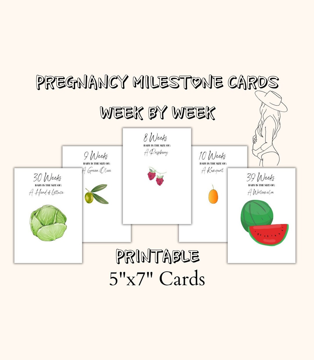 Pregnancy Milestones Cards, Bump Size Cards, Fruits and Vegetables ...