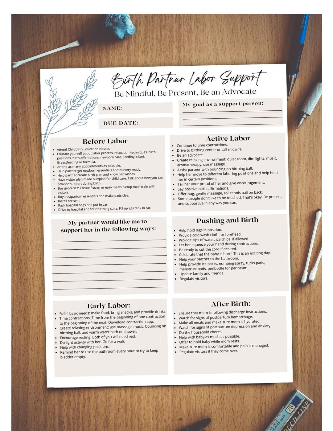 Labor and Delivery Support Birth Partner Checklist, Birth Support ...