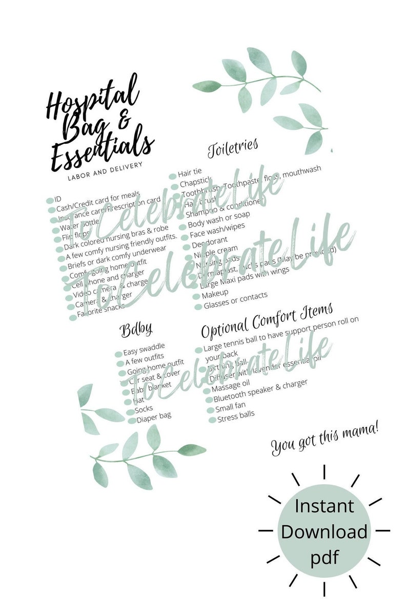 Hospital Bag Essentials Checklist Digital Download Printable. - Etsy