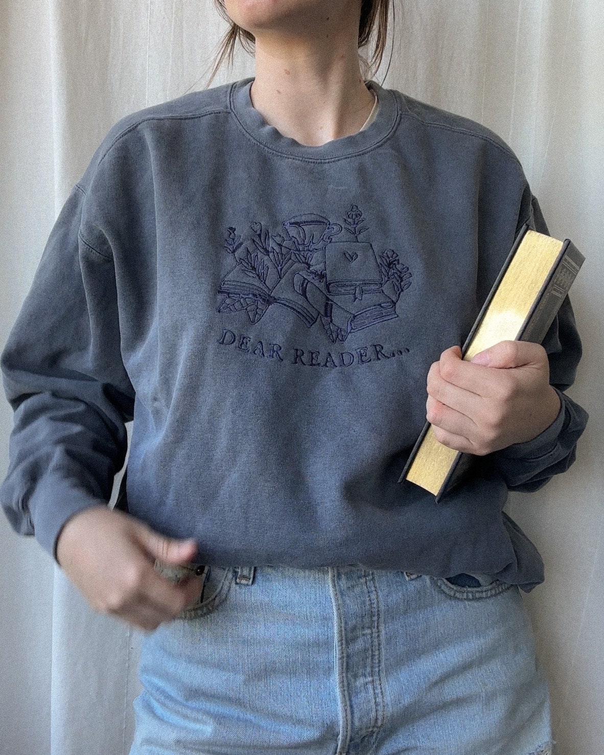 Dear Reader Midnight Embroidered Crewneck | Bookish Sweatshirt Merch ...