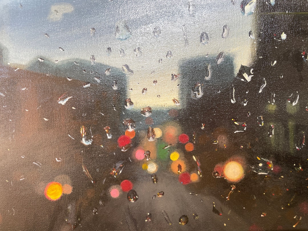 Rainy Sunset - Original Acrylic Painting, Cityscape Painting, Rainy ...