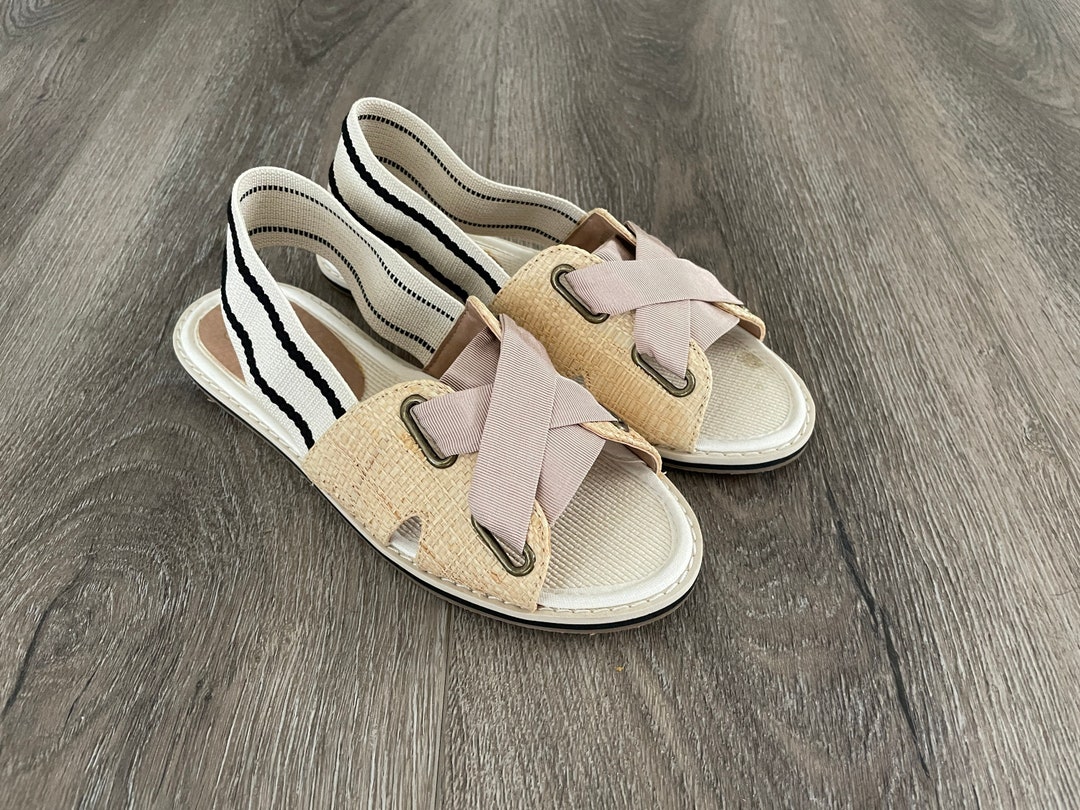 Womens Straw Sandals With Crossed Ribbon, Womens Straw Flats, Womens ...