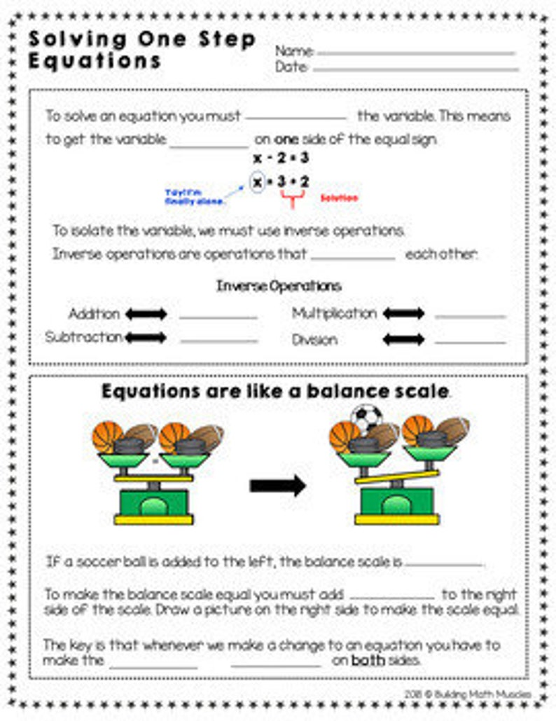 Solving One Step Equations Notes and Practice - Using Addition and ...