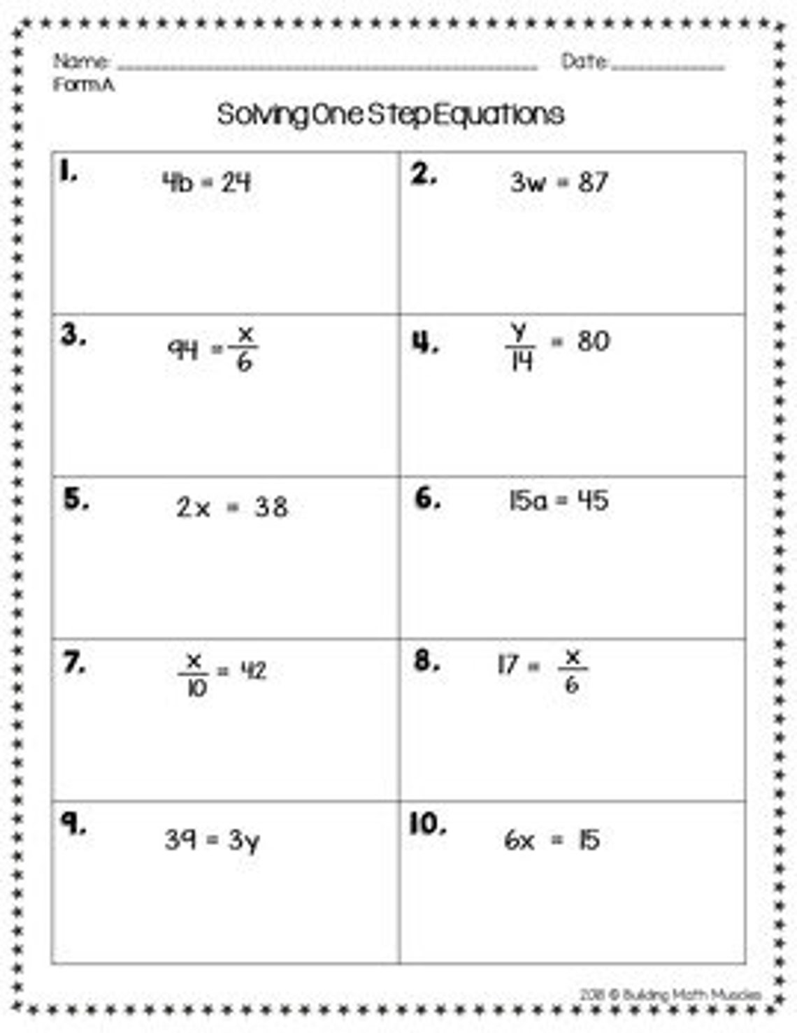Solving One Step Equations Notes and Practice- Using Multiplication and ...