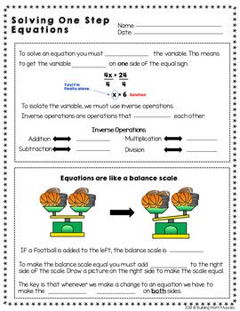 Solving One Step Equations Notes and Practice- Using Multiplication and ...