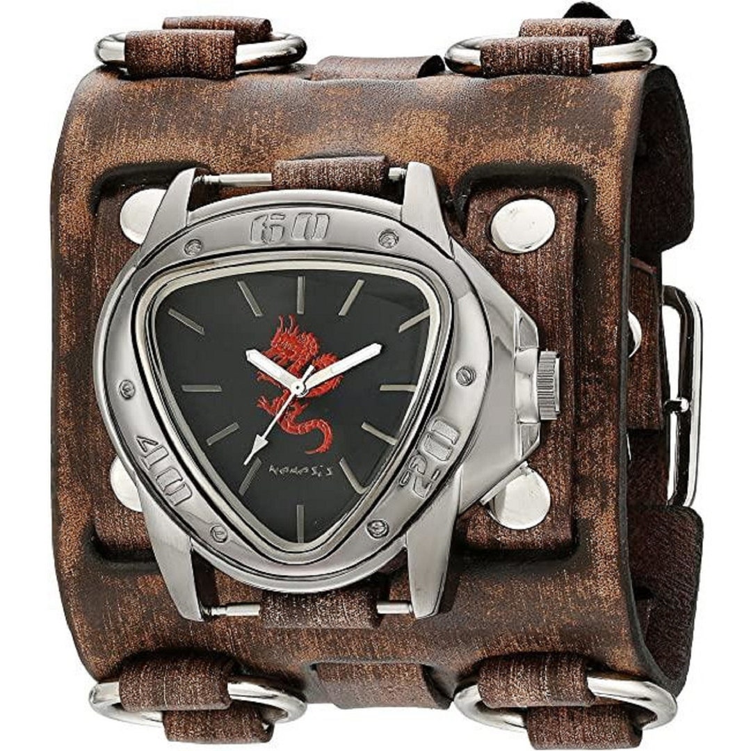 Red/black Dragon Gunmetal Watch With Faded Brown Wide Detail Leather ...