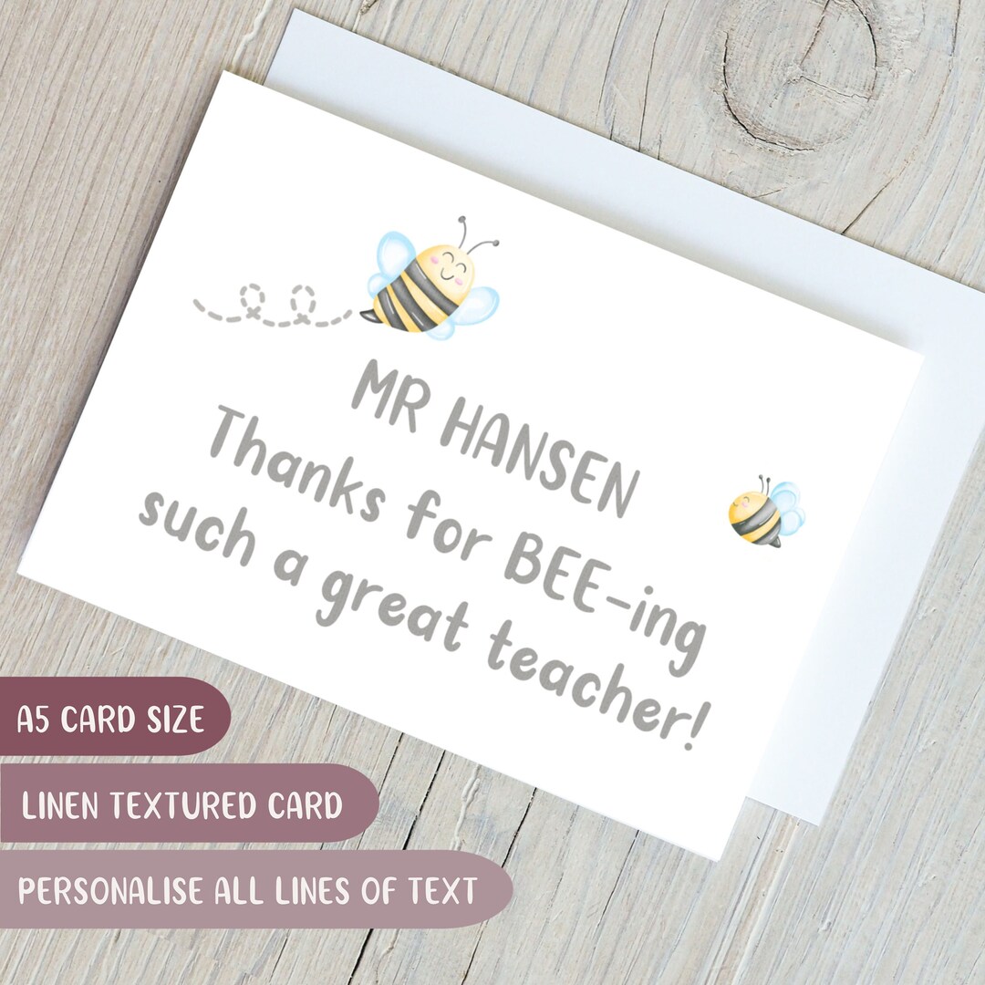 Bee Teacher Thank You Card Personalised End of Year Card - Etsy