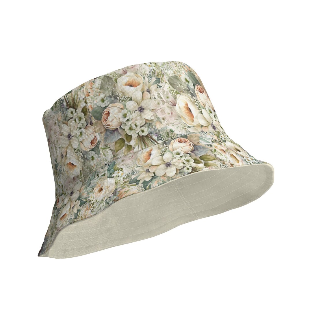 Reversible Floral Bucket Hat - White Roses - Linen Feel - a Gift for ...