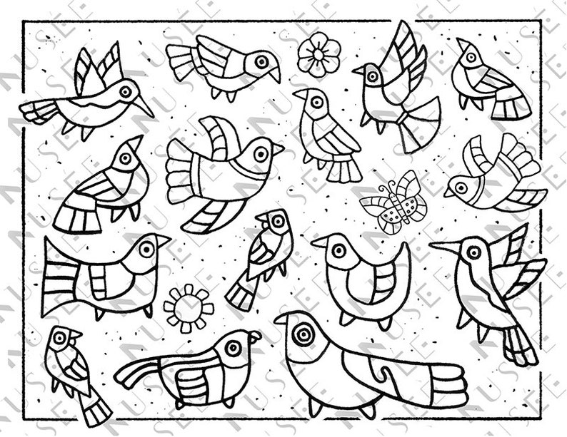 Hoja para colorear de aves de arte popular para imprimir. 8,5 x 11 ...